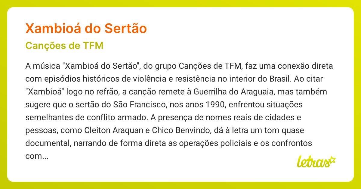 Significado da música XAMBIOÁ DO SERTÃO (Canções de TFM) - LETRAS.MUS.BR