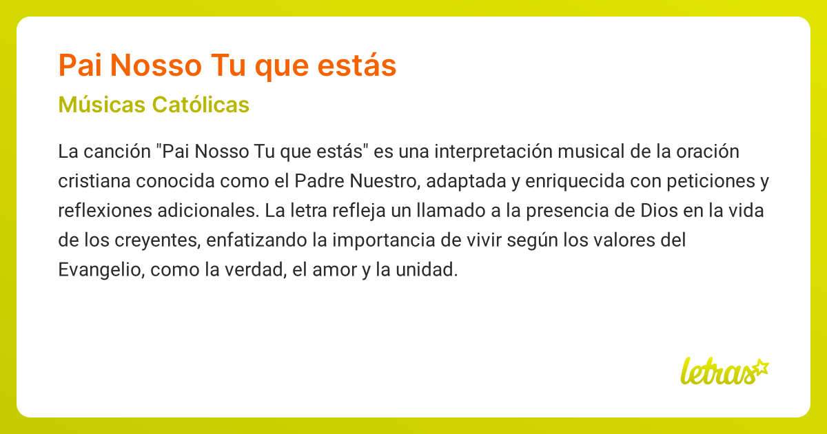 Significado de la canción PAI NOSSO TU QUE ESTÁS (Músicas Católicas ...