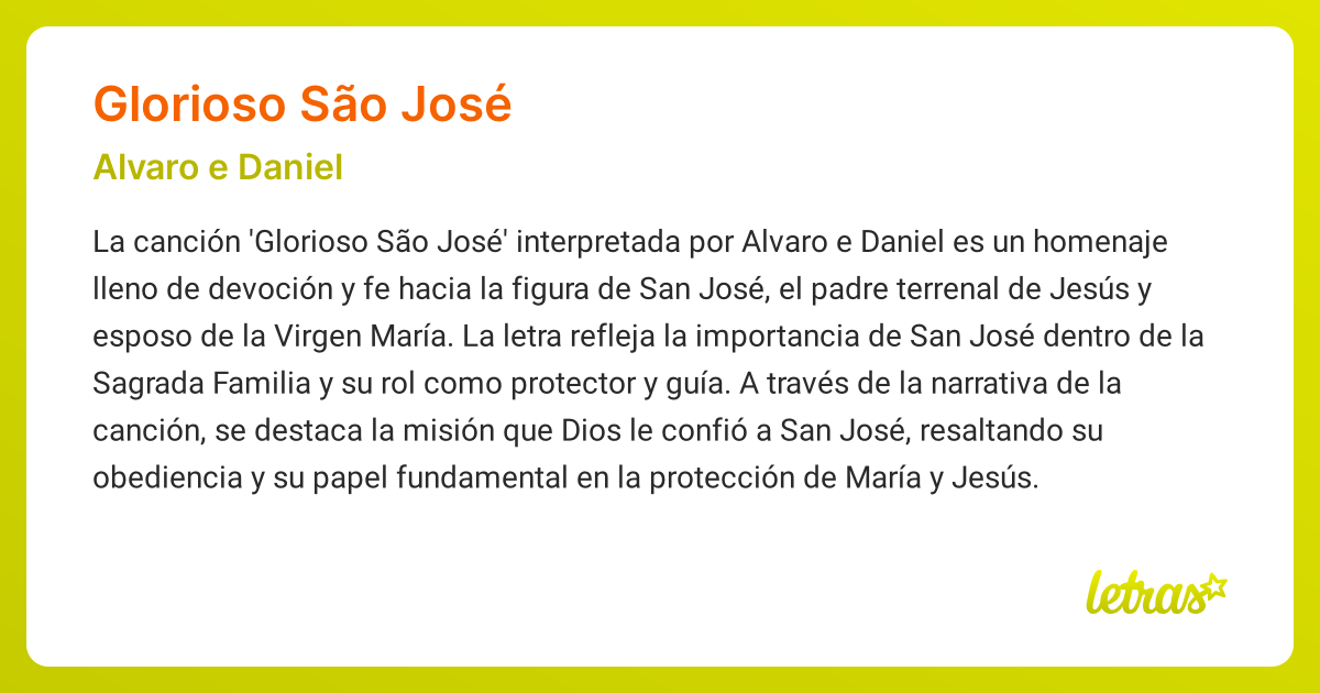 Significado de la canción GLORIOSO SÃO JOSÉ (Alvaro e Daniel) - LETRAS.COM
