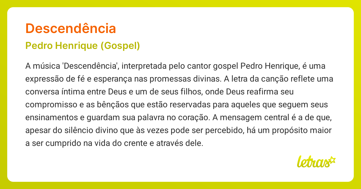 Significado da música DESCENDÊNCIA (Pedro Henrique (Gospel)) - LETRAS ...