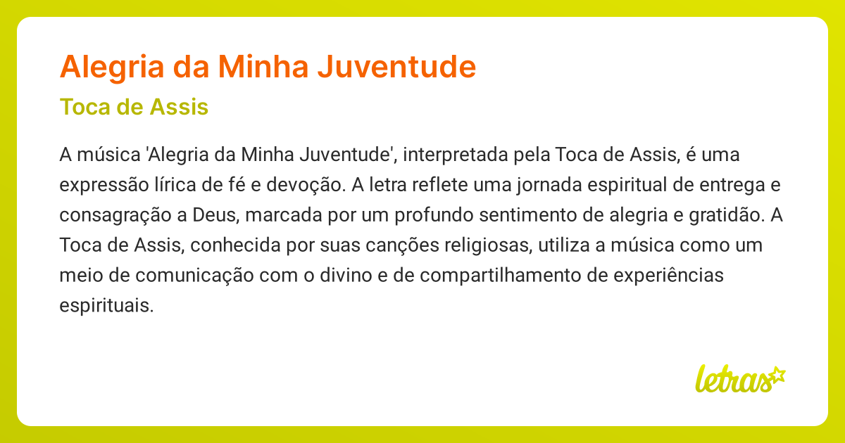 Significado da música ALEGRIA DA MINHA JUVENTUDE (Toca de Assis ...