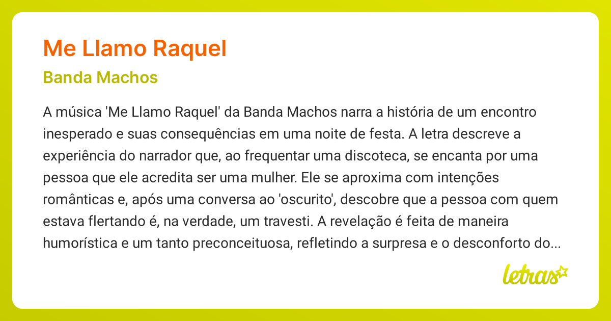 Significado da música ME LLAMO RAQUEL (Banda Machos) - LETRAS.MUS.BR