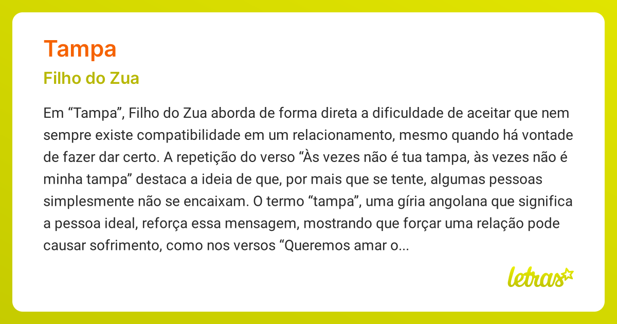 Significado da música TAMPA (Filho do Zua) - LETRAS.MUS.BR