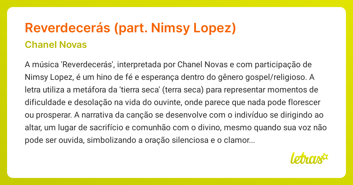 Significado da música Reverdecerás (part. Nimsy Lopez) (Chanel Novas ...