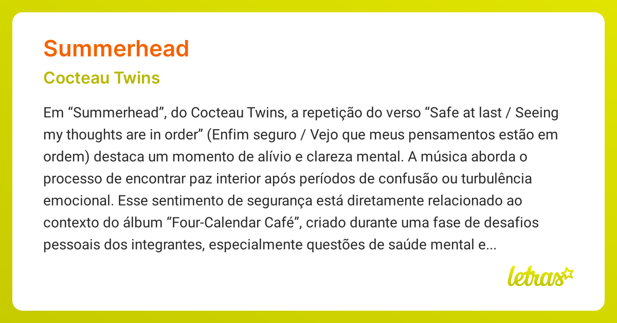 Significado da música SUMMERHEAD (Cocteau Twins) - LETRAS.MUS.BR