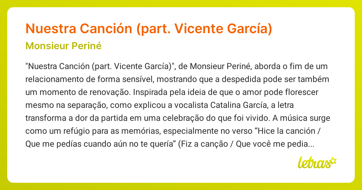 Significado da música Nuestra Canción (part. Vicente García) (Monsieur ...