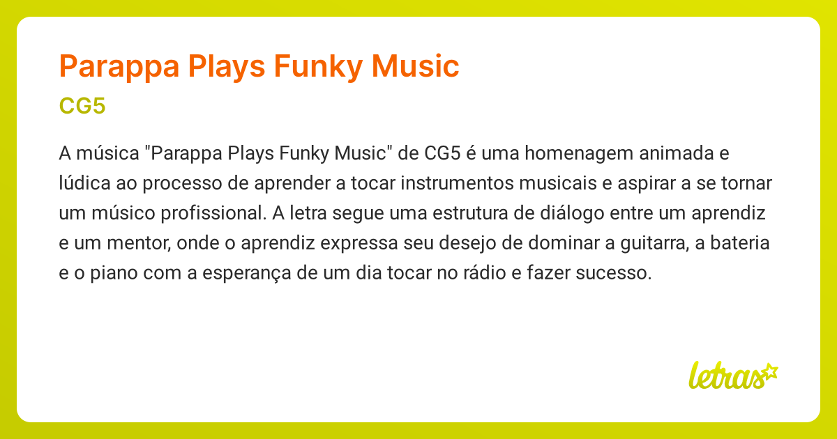 Significado da música PARAPPA PLAYS FUNKY MUSIC (CG5) - LETRAS.MUS.BR
