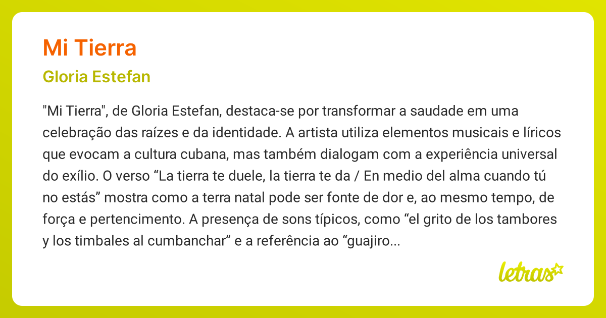 Significado da música MI TIERRA (Gloria Estefan) - LETRAS.MUS.BR