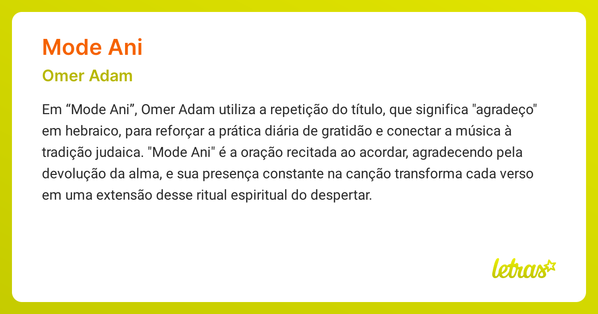 Significado da música MODE ANI (Omer Adam) - LETRAS.MUS.BR