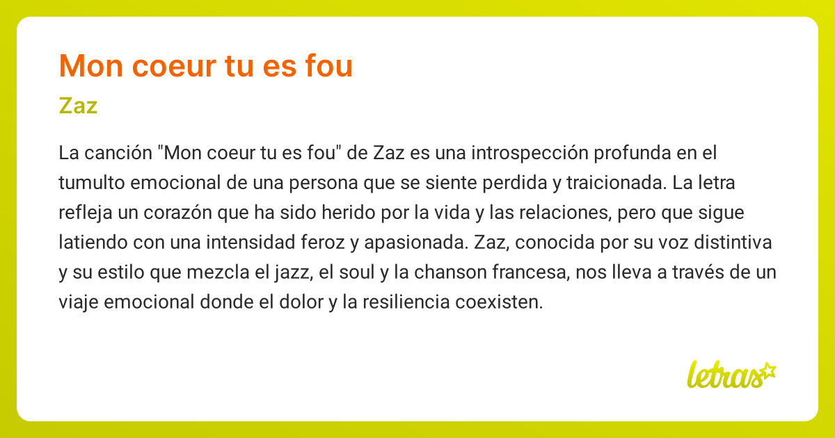 Significado de la canción MON COEUR TU ES FOU (Zaz) - LETRAS.COM