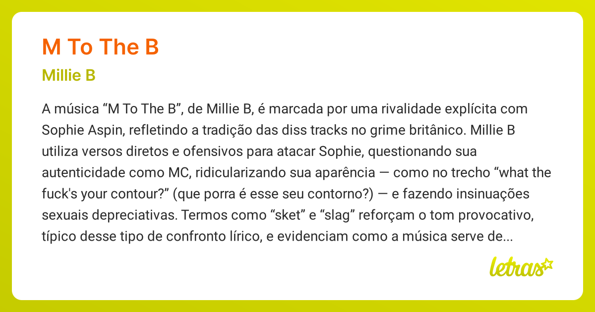 Significado da música M TO THE B (Millie B) - LETRAS.MUS.BR