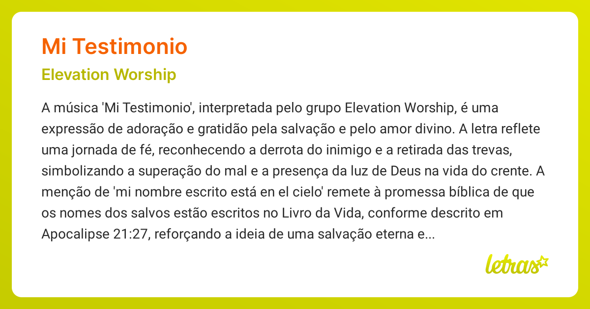 Significado da música MI TESTIMONIO (Elevation Worship) - LETRAS.MUS.BR