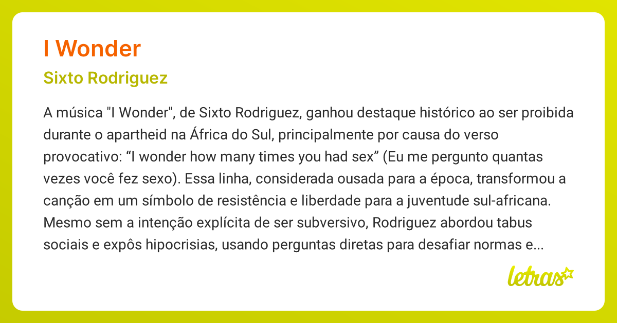 Significado da música I WONDER (Sixto Rodriguez) - LETRAS.MUS.BR