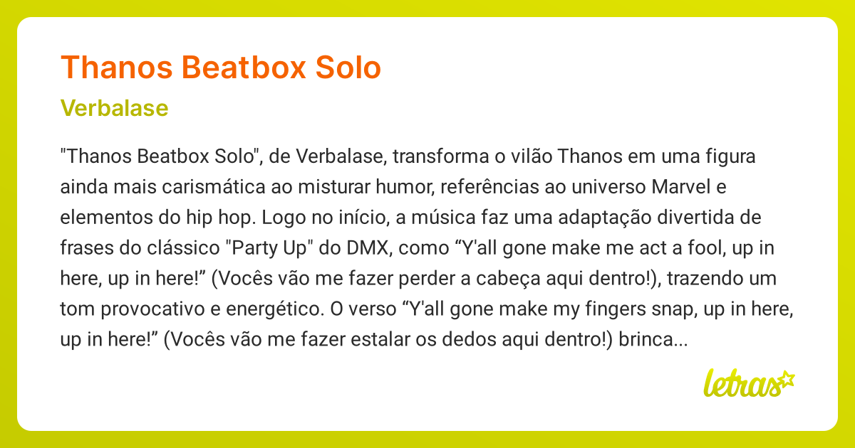 Significado da música THANOS BEATBOX SOLO (Verbalase) - LETRAS.MUS.BR