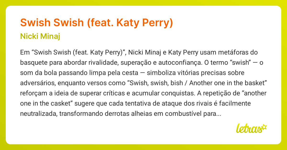Significado da música SWISH SWISH (FEAT. KATY PERRY) (Nicki Minaj ...