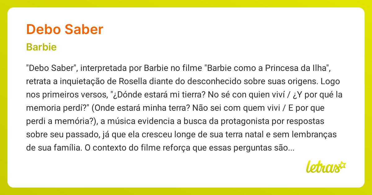 Significado da música DEBO SABER (Barbie) - LETRAS.MUS.BR