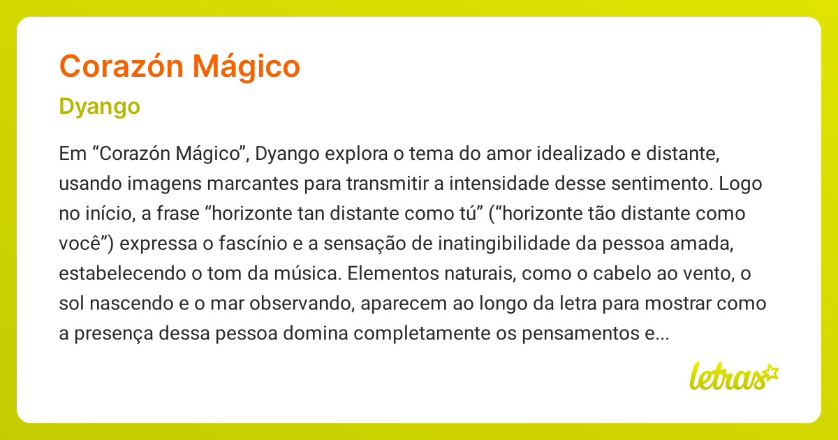 Significado da música CORAZÓN MÁGICO (Dyango) - LETRAS.MUS.BR