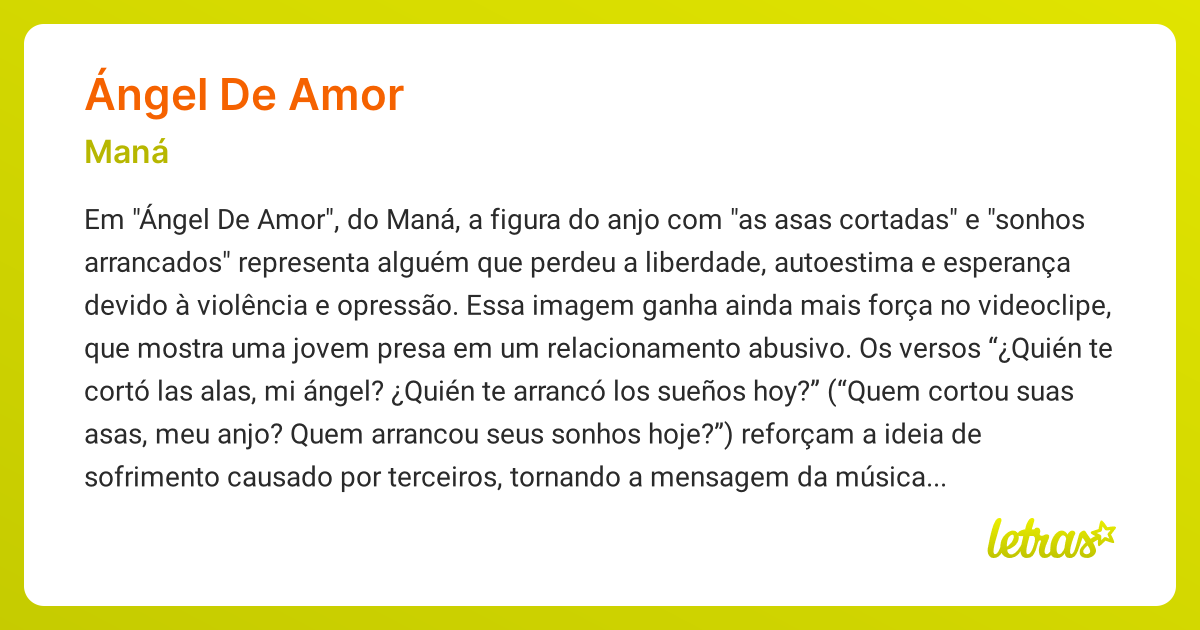 Significado da música ÁNGEL DE AMOR (Maná) - LETRAS.MUS.BR