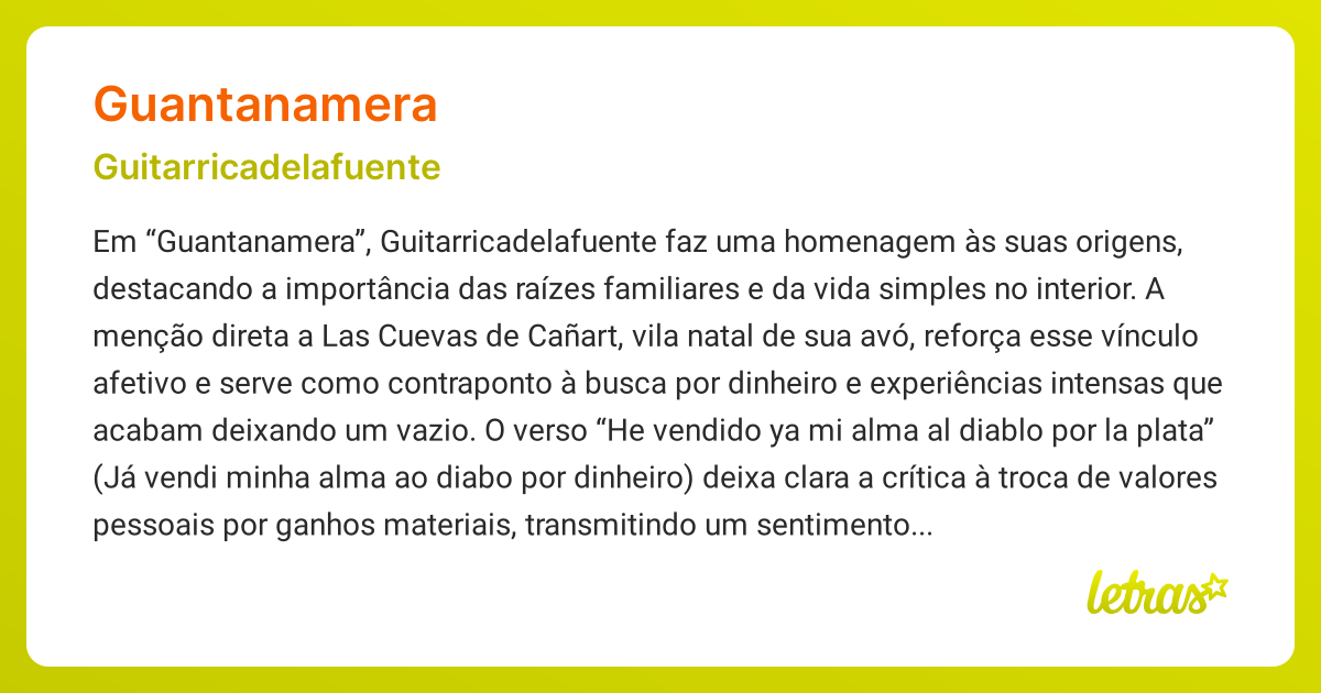 Significado da música GUANTANAMERA (Guitarricadelafuente) - LETRAS.MUS.BR