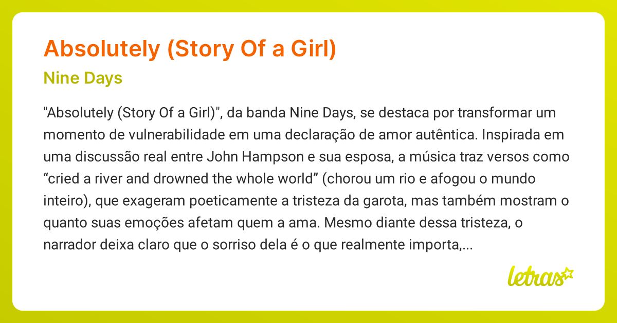 Significado da música ABSOLUTELY (STORY OF A GIRL) (Nine Days) - LETRAS ...