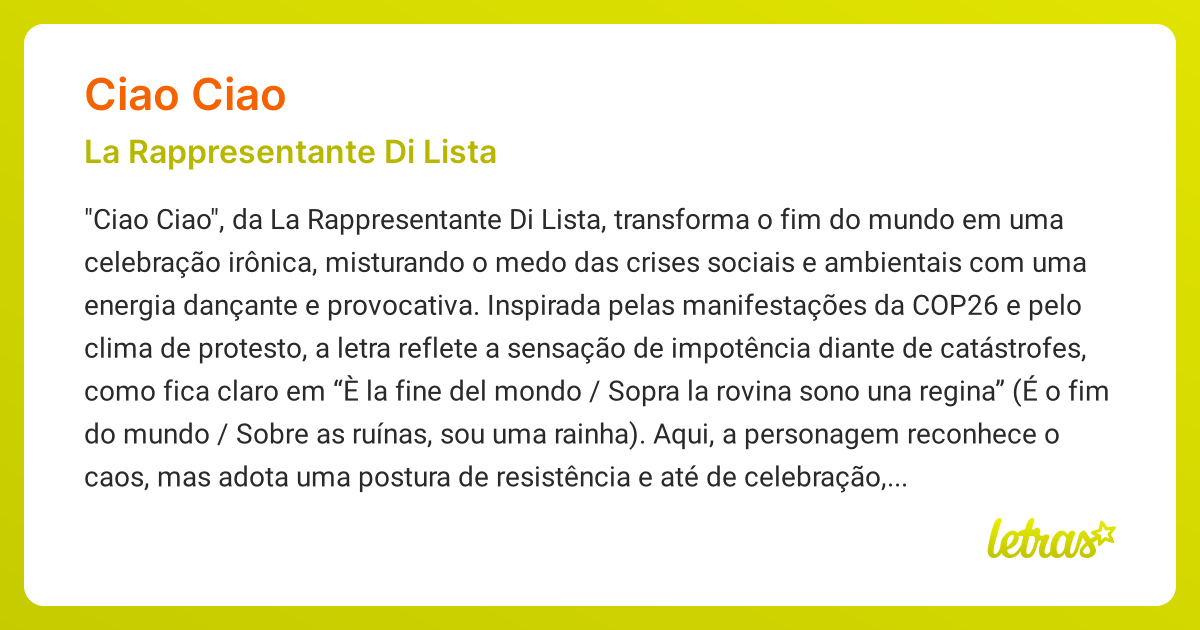 Significado da música CIAO CIAO (La Rappresentante Di Lista) - LETRAS ...