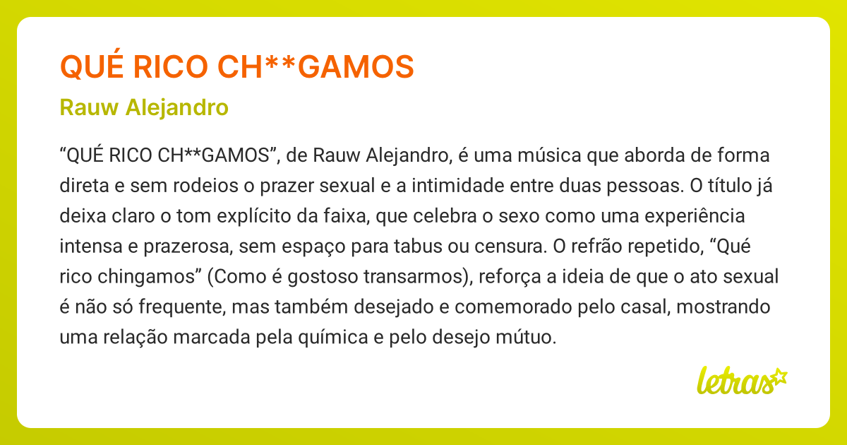 Significado da música QUÉ RICO CH**GAMOS (Rauw Alejandro) - LETRAS.MUS.BR