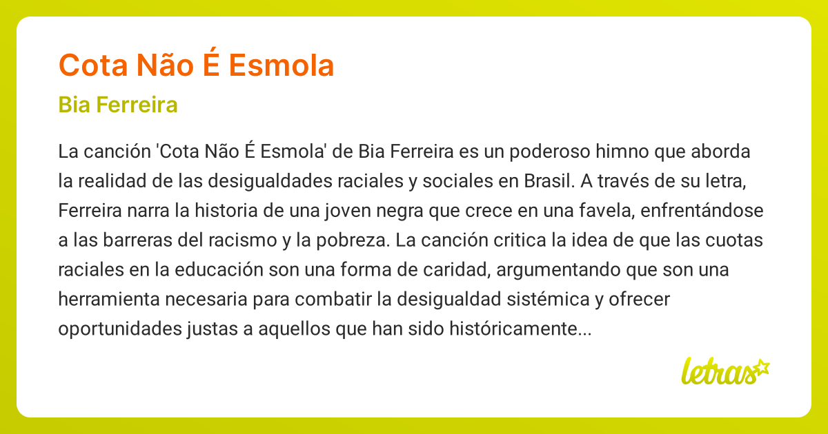 Significado de la canción COTA NÃO É ESMOLA (Bia Ferreira) - LETRAS.COM