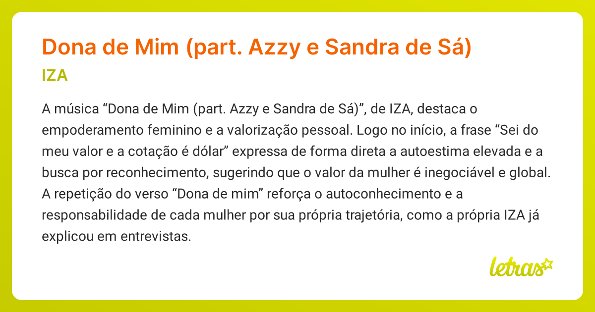 Significado da música Dona de Mim (part. Azzy e Sandra de Sá) (IZA ...