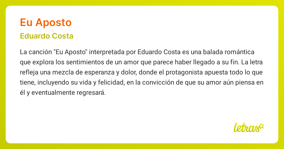 Significado de la canción EU APOSTO (Eduardo Costa) - LETRAS.COM
