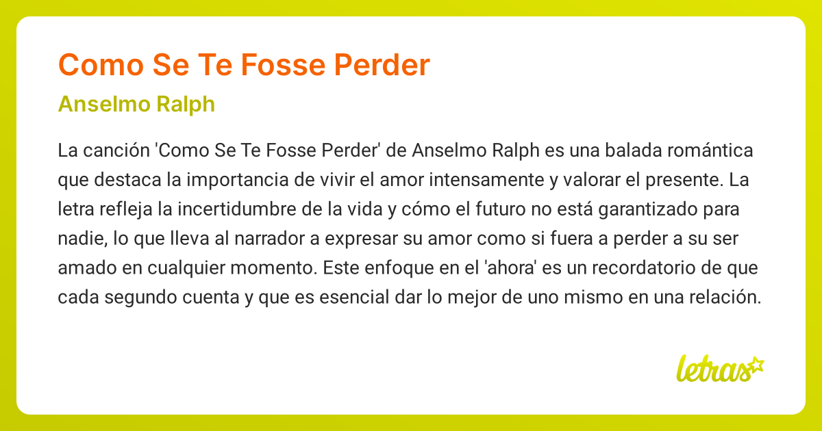 Significado de la canción COMO SE TE FOSSE PERDER (Anselmo Ralph ...