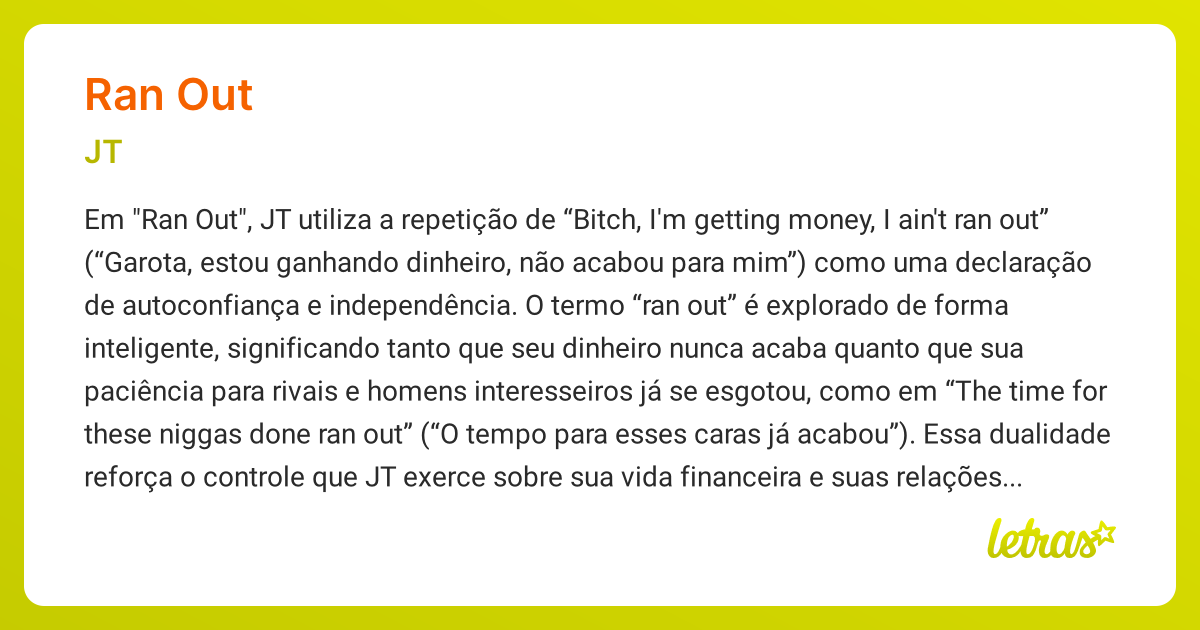 Significado da música RAN OUT (JT) - LETRAS.MUS.BR