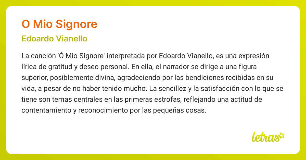 Significado de la canción O MIO SIGNORE (Edoardo Vianello) - LETRAS.COM
