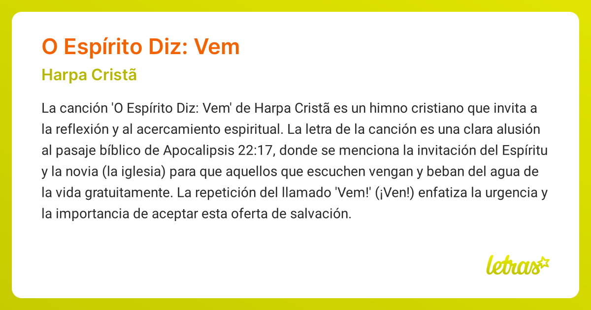 Significado de la canción O ESPÍRITO DIZ: VEM (Harpa Cristã) - LETRAS.COM