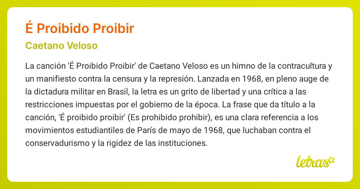 Significado de la canción É PROIBIDO PROIBIR (Caetano Veloso) - LETRAS.COM