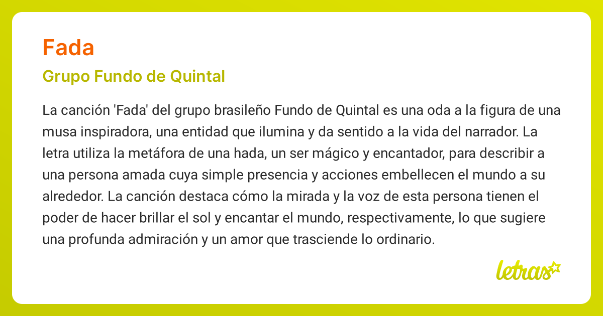Significado de la canción FADA (Grupo Fundo de Quintal) - LETRAS.COM