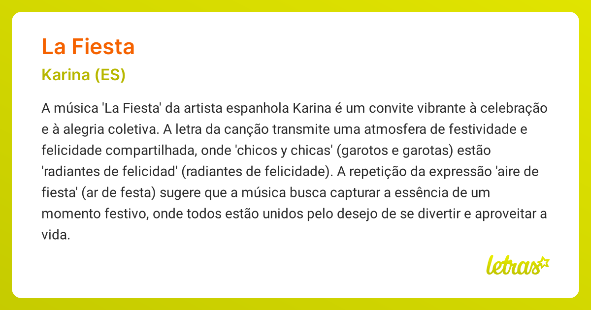 Significado da música LA FIESTA (Karina (ES)) - LETRAS.MUS.BR