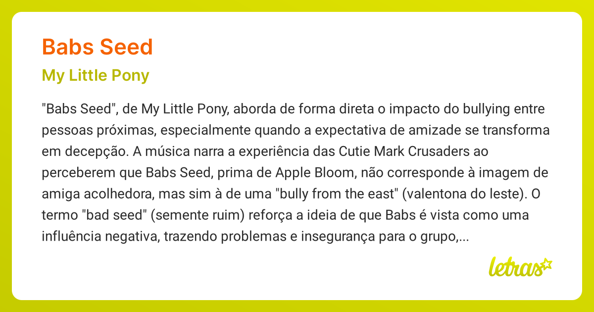 Significado da música BABS SEED (My Little Pony) - LETRAS.MUS.BR