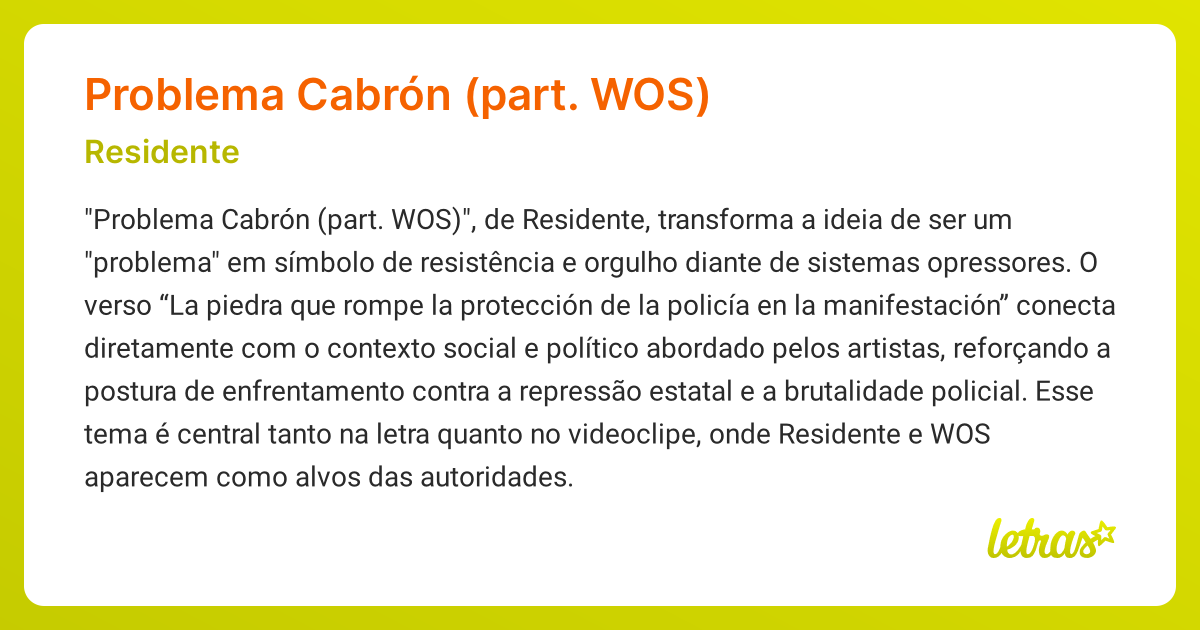 Significado da música PROBLEMA CABRÓN (PART. WOS) (Residente) - LETRAS ...