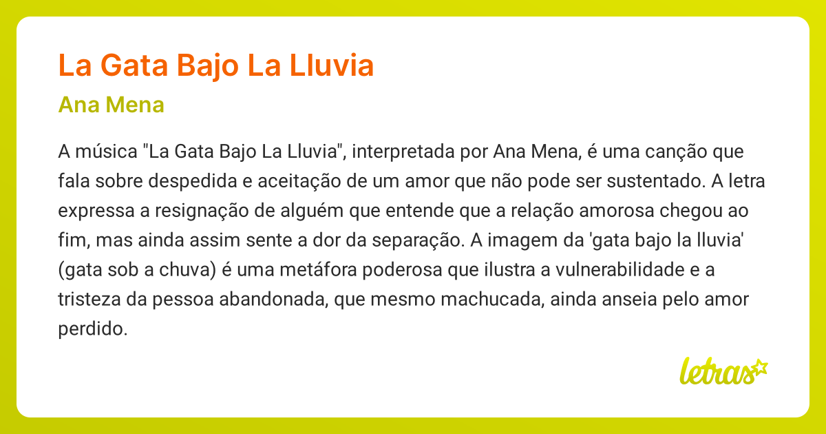 Significado da música LA GATA BAJO LA LLUVIA (Ana Mena) - LETRAS.MUS.BR