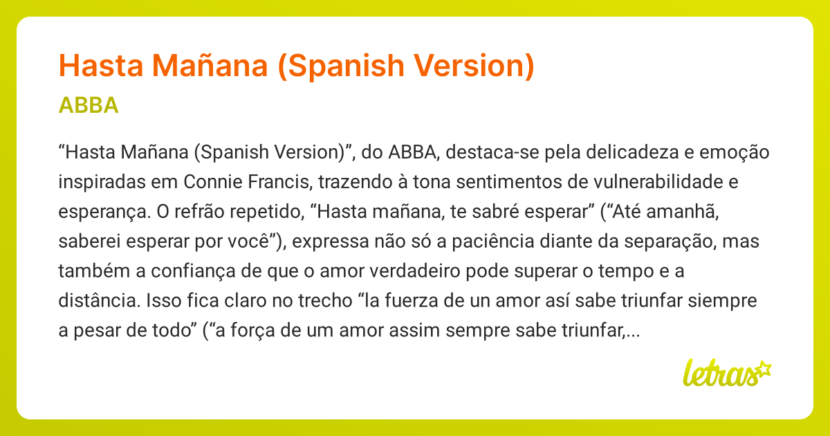 Significado da música Hasta Mañana (Spanish Version) (ABBA) - LETRAS.MUS.BR