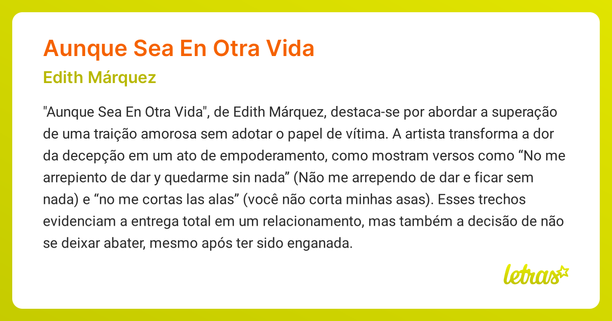 Significado da música AUNQUE SEA EN OTRA VIDA (Edith Márquez) - LETRAS ...