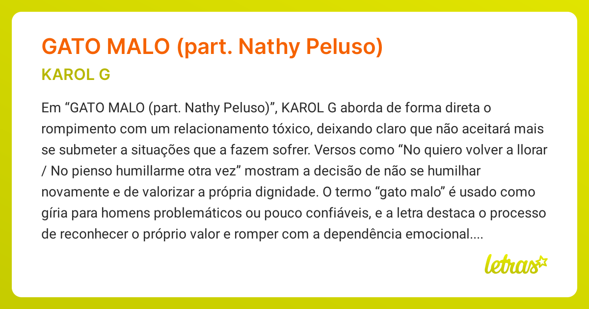 Significado da música GATO MALO (PART. NATHY PELUSO) (KAROL G) - LETRAS ...