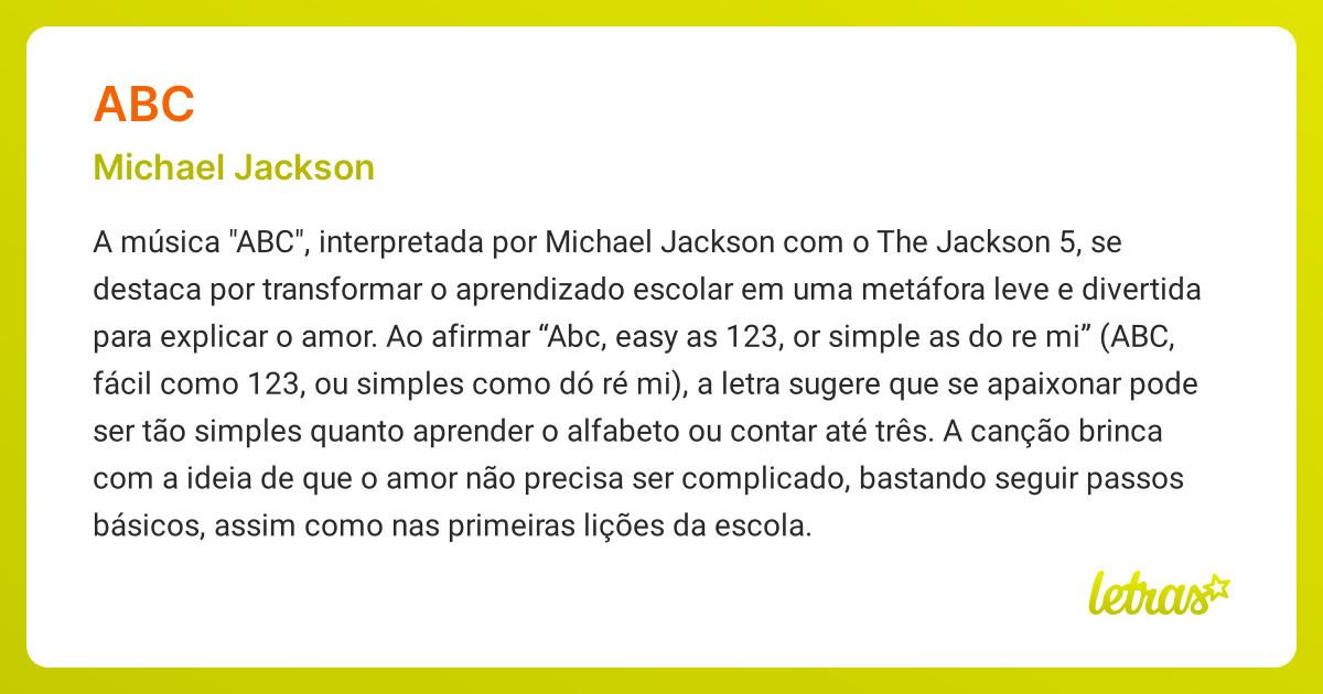 Significado da música ABC (Michael Jackson) - LETRAS.MUS.BR