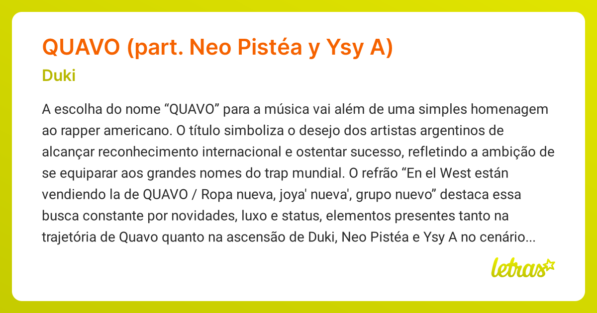 Significado da música QUAVO (part. Neo Pistéa y Ysy A) (Duki) - LETRAS ...