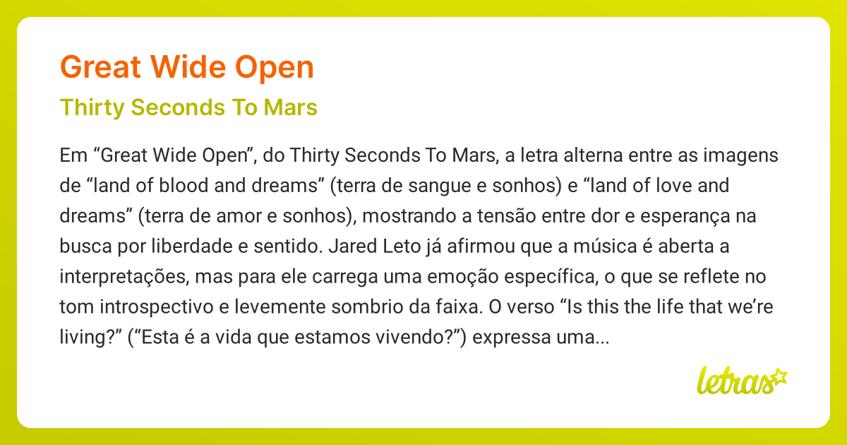 Significado da música GREAT WIDE OPEN (Thirty Seconds To Mars) - LETRAS ...