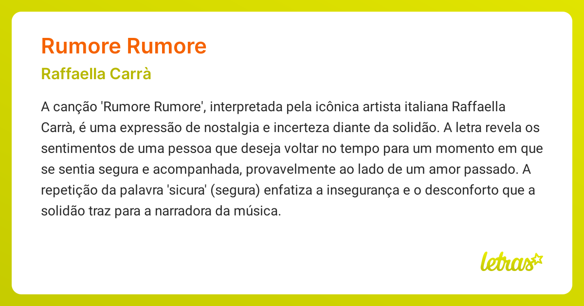 Significado da música RUMORE RUMORE (Raffaella Carrà) - LETRAS.MUS.BR