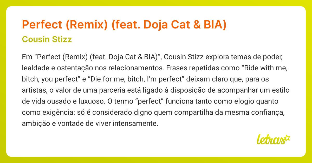 Significado da música Perfect (Remix) (feat. Doja Cat & BIA) (Cousin ...
