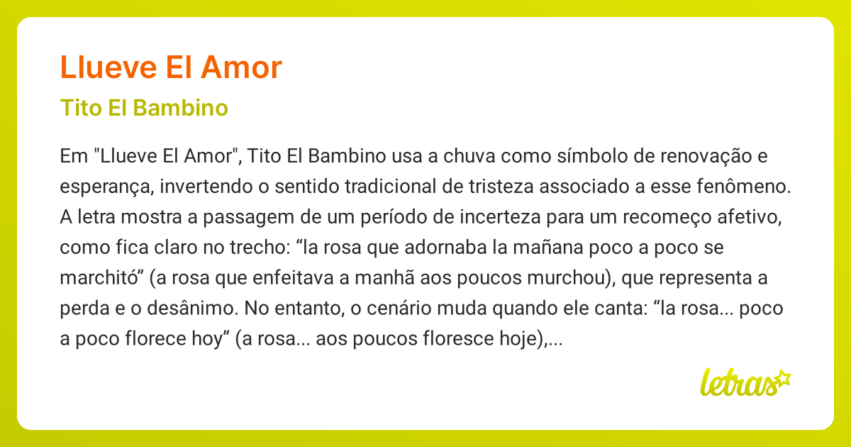 Significado da música LLUEVE EL AMOR (Tito El Bambino) - LETRAS.MUS.BR