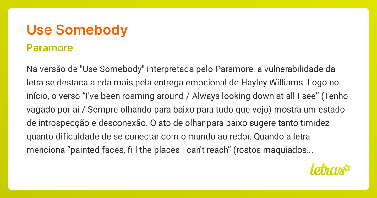 Significado da música USE SOMEBODY (Paramore) - LETRAS.MUS.BR