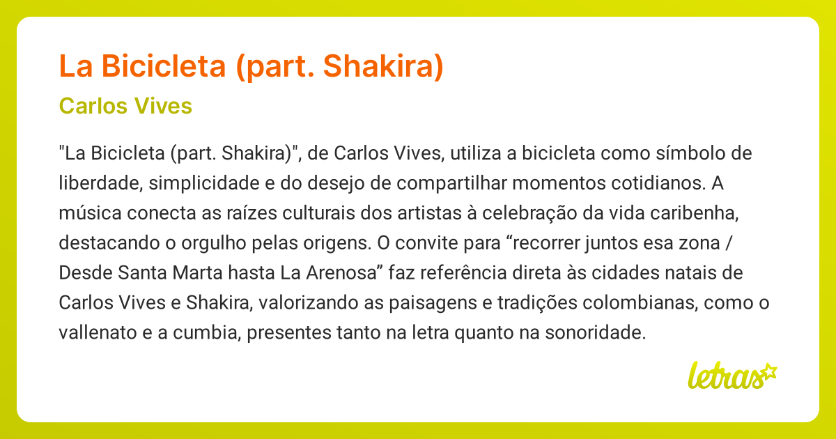 Significado da música LA BICICLETA (PART. SHAKIRA) (Carlos Vives ...